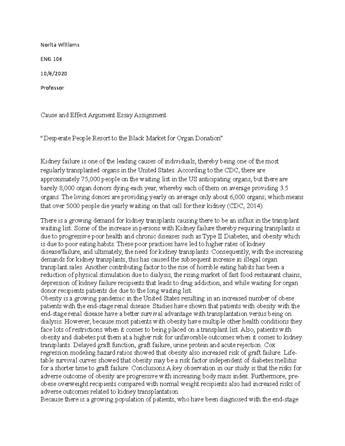Cause and Effect Argument Essay Assignment doc - Norita Williams ENG ...