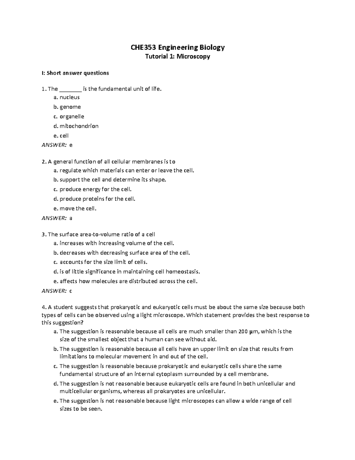 CHE353 Engineering Biology Tutorial 1: Microscopy Short Answer Solutions - Studocu