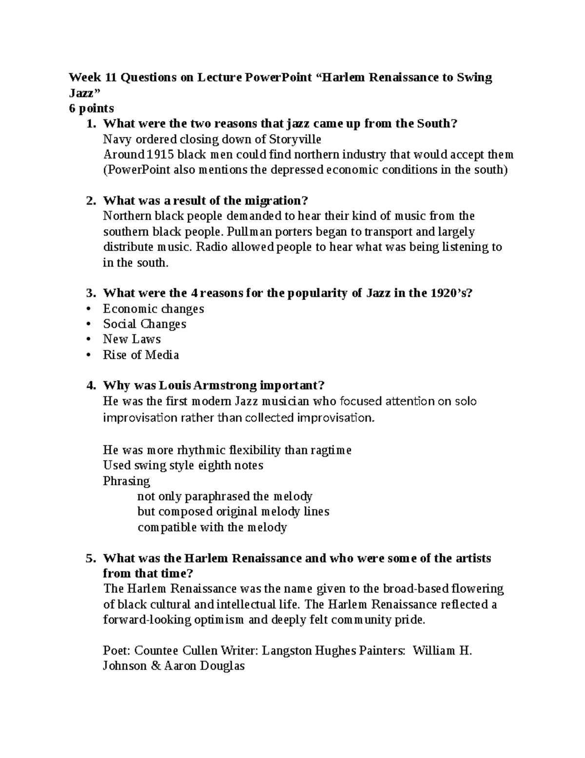 Week 11 Lecture Questions: Jazz & Harlem Renaissance Insights - Studocu