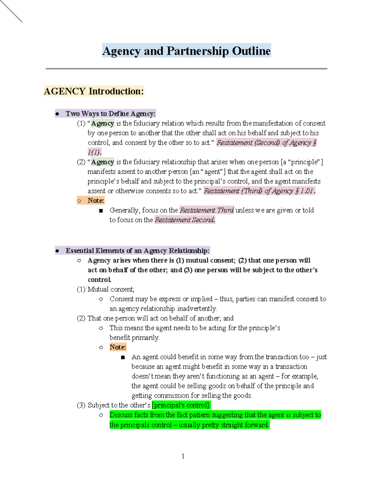 00. Agency & Partnership Final Exam Outline - Studocu