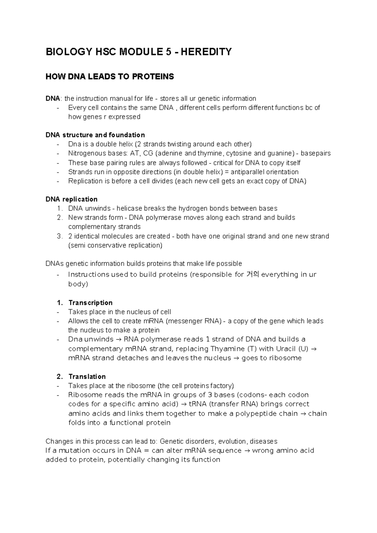 HSC Biology Module 5: Heredity Summary Notes on DNA & Proteins - Studocu