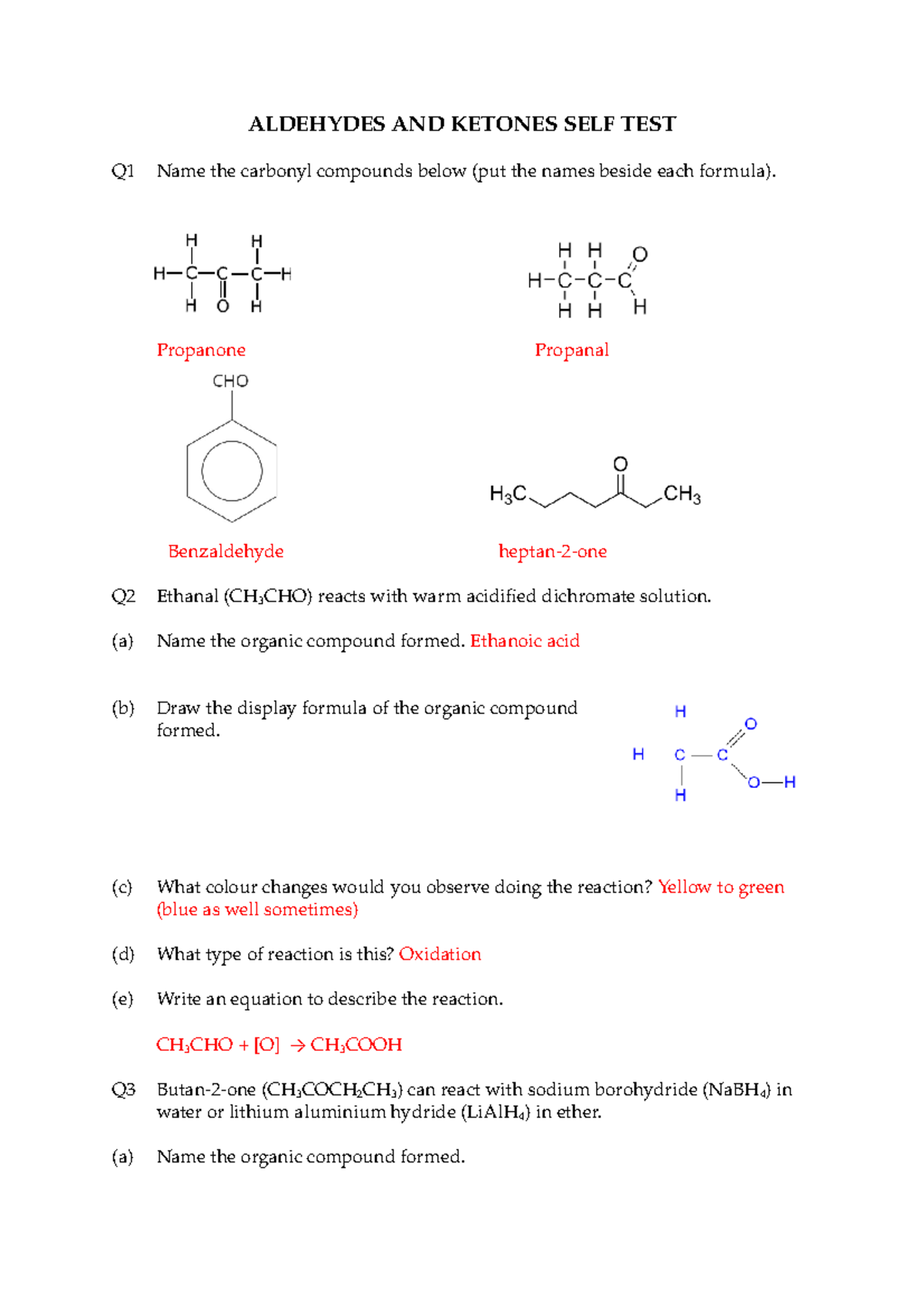 Aldehydes and Ketones Self Test Answers - ALDEHYDES AND KETONES SELF ...