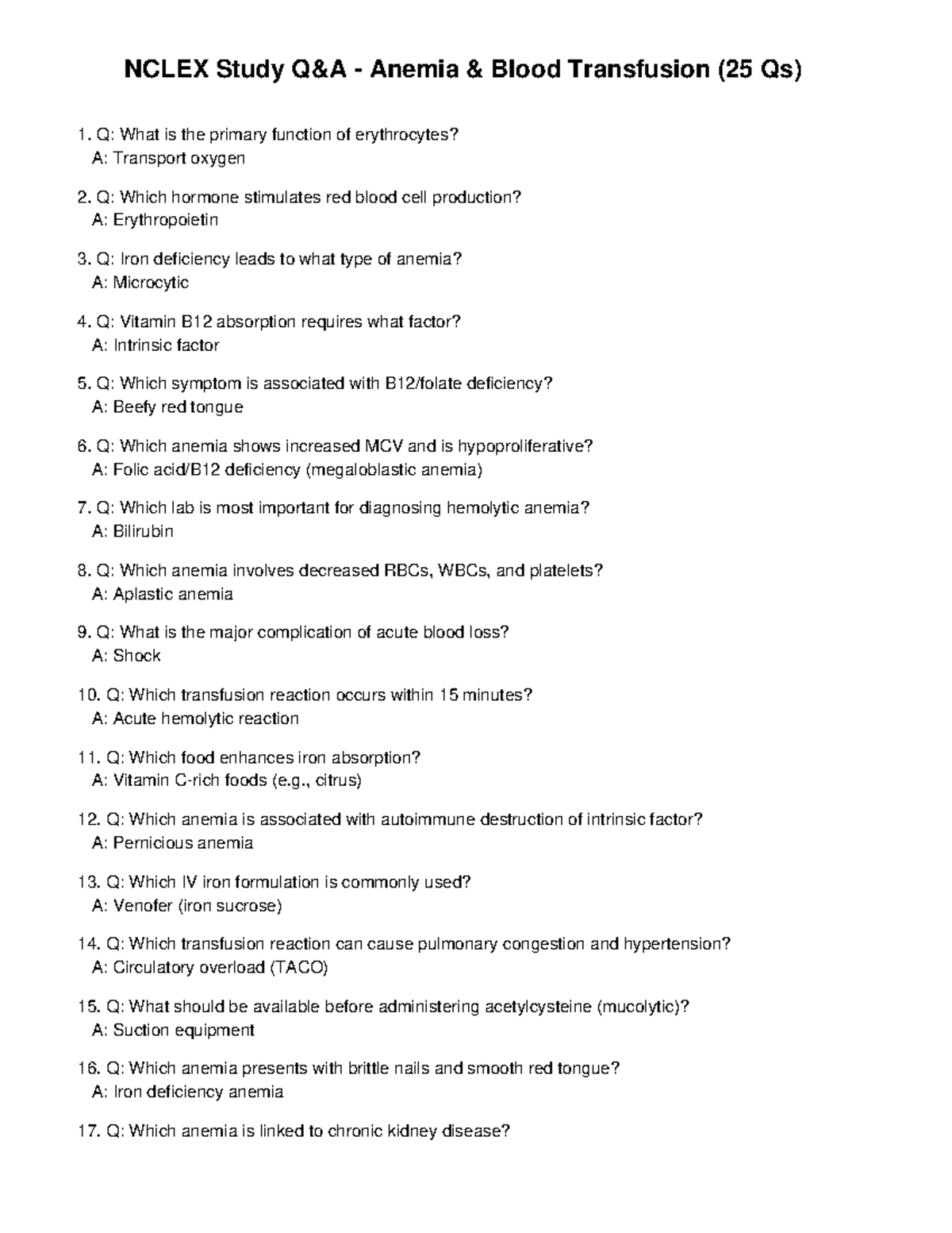 NCLEX Anemia & Blood Transfusion Q&A (25 Questions) - Studocu
