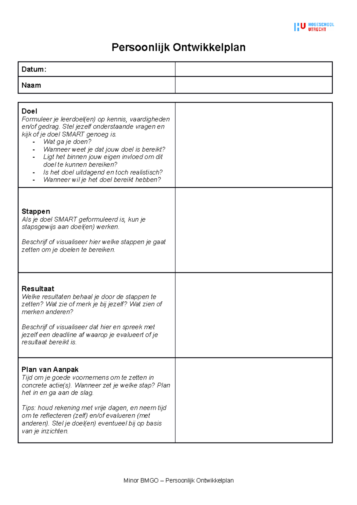 Minor BMGO - Persoonlijk Ontwikkelplan Template en Stappen - Studeersnel