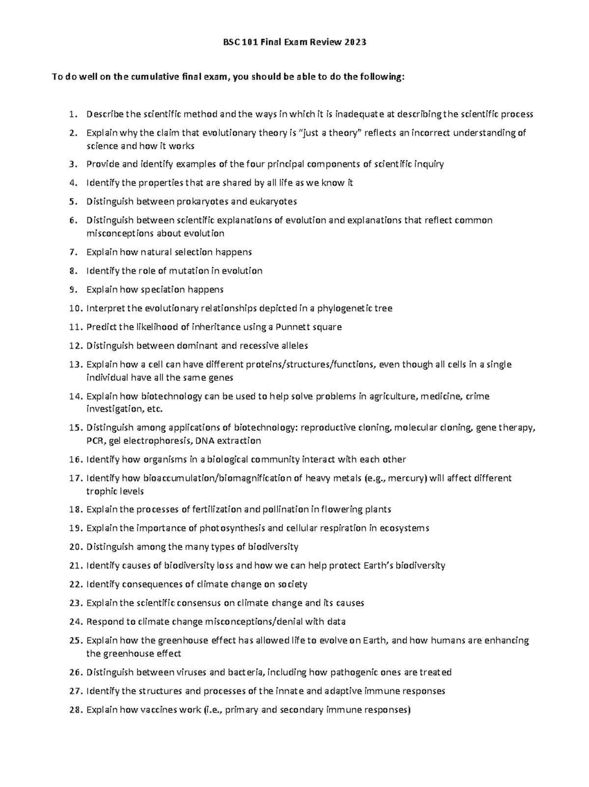 BSC101 2023 Comprehensive Final Exam Review Guide - Studocu