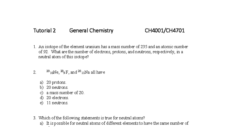 Tutorial 2: Isotopes and Atomic Structure in General Chemistry 1 - Studocu