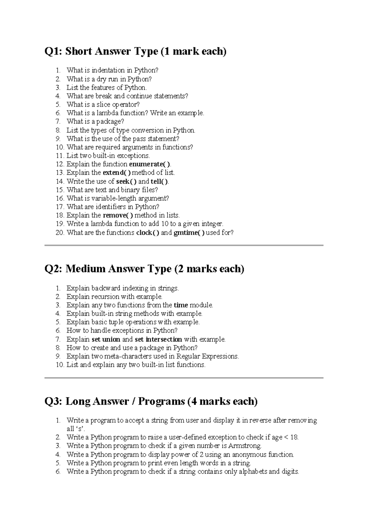 Python Q&A Bank: Short, Medium, and Long Answer Types - Studocu