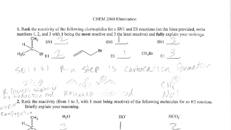 CHEM 2040 Elimination Reactions: SN1, E1, E2 Mechanisms Explained - Studocu