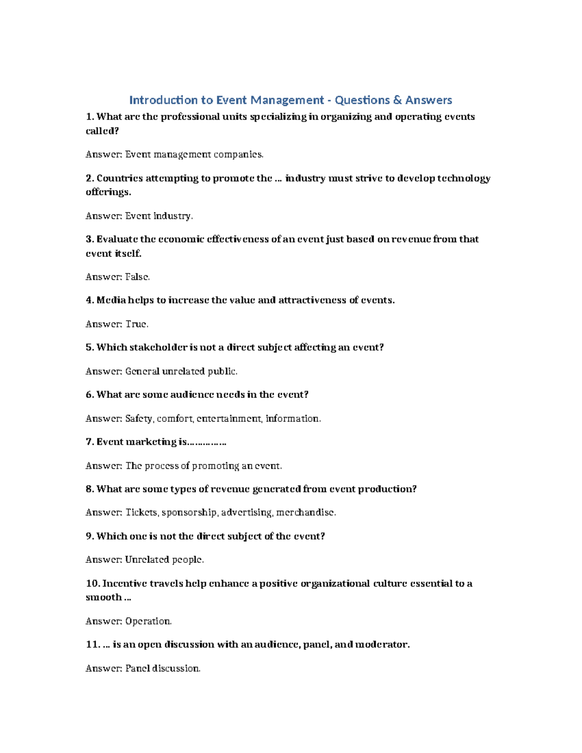 DTU Event Management Quiz: Questions & Answers - Studocu