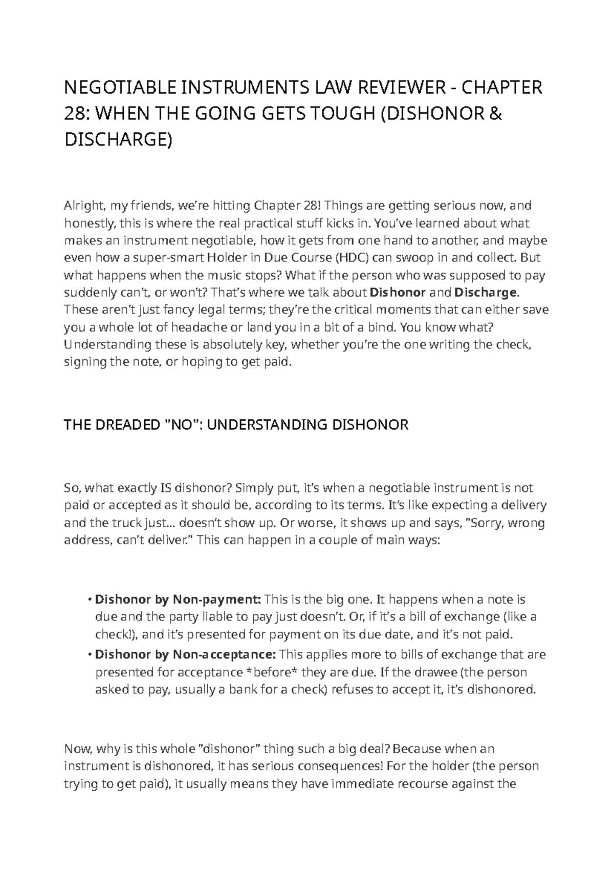 Negotiable Instruments Law Reviewer: Chapter 28 - Dishonor & Discharge ...