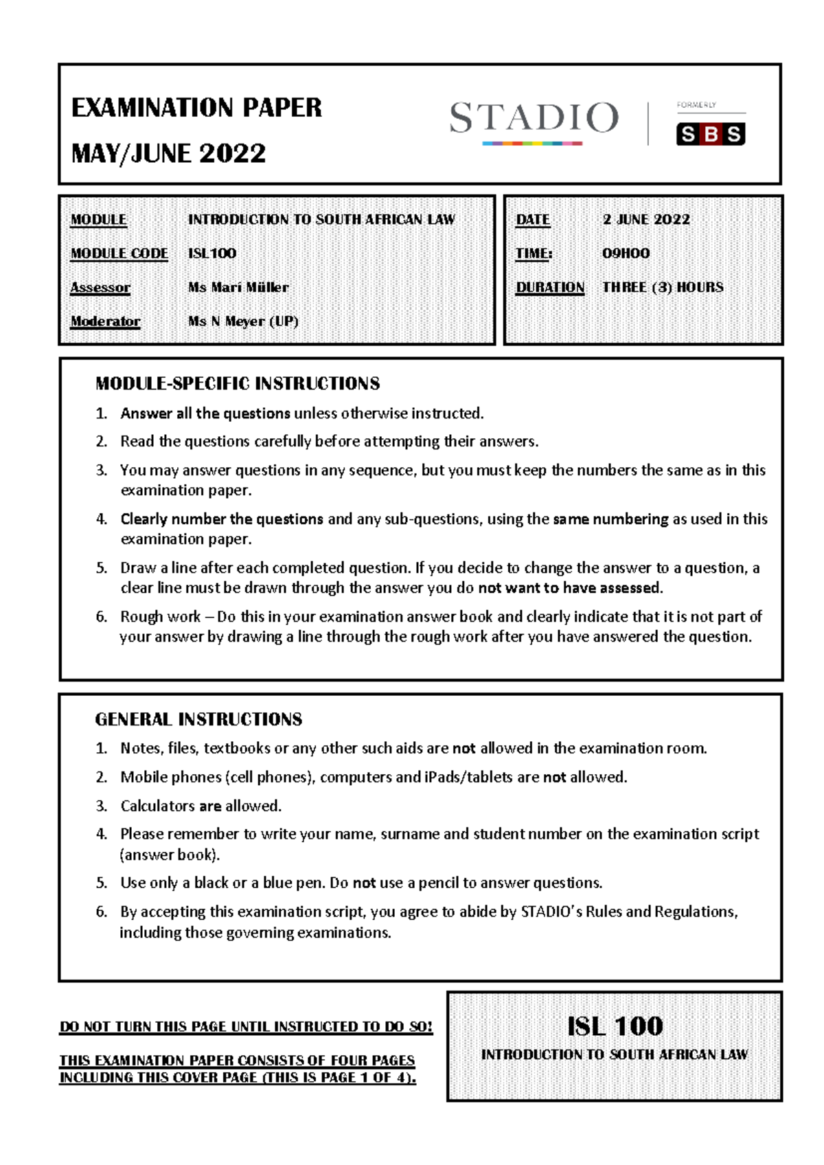ISL100 EXAM Paper 2022 01 - GENERAL INSTRUCTIONS 1. Notes, files ...