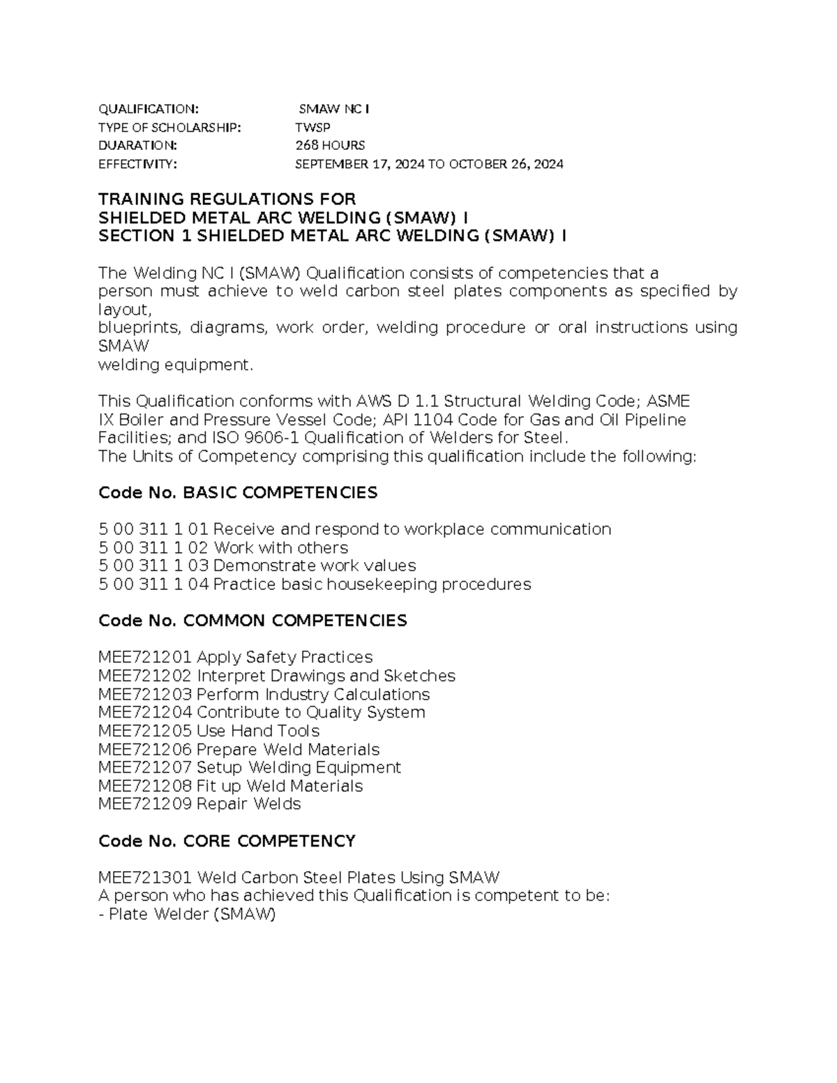 SMAW NC I Common Competencies Module: Skills and Safety Standards - Studocu