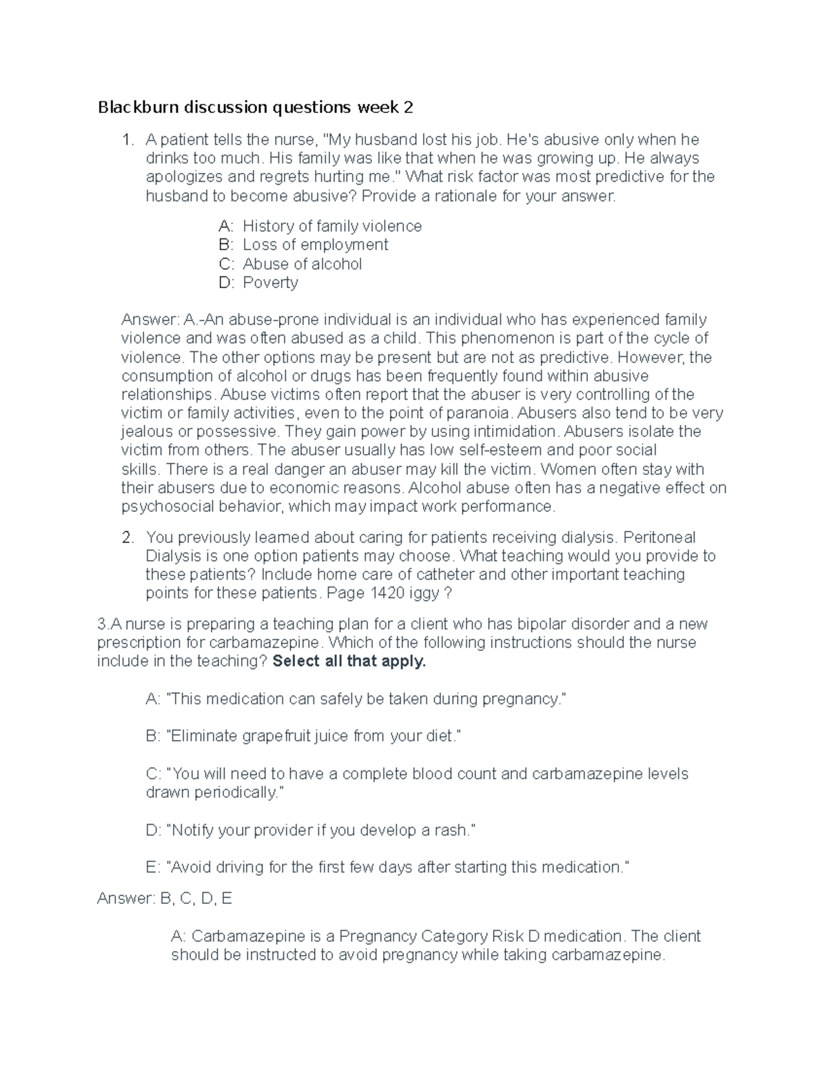Blackburn Week 2 Discussion Questions and Answers (Nursing 101) - Studocu