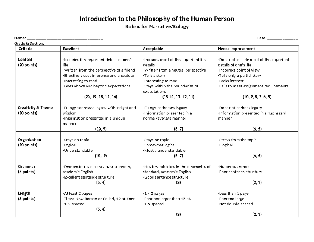 Rubric for Eulogy Assignment - Philosophy of the Human Person - Studocu