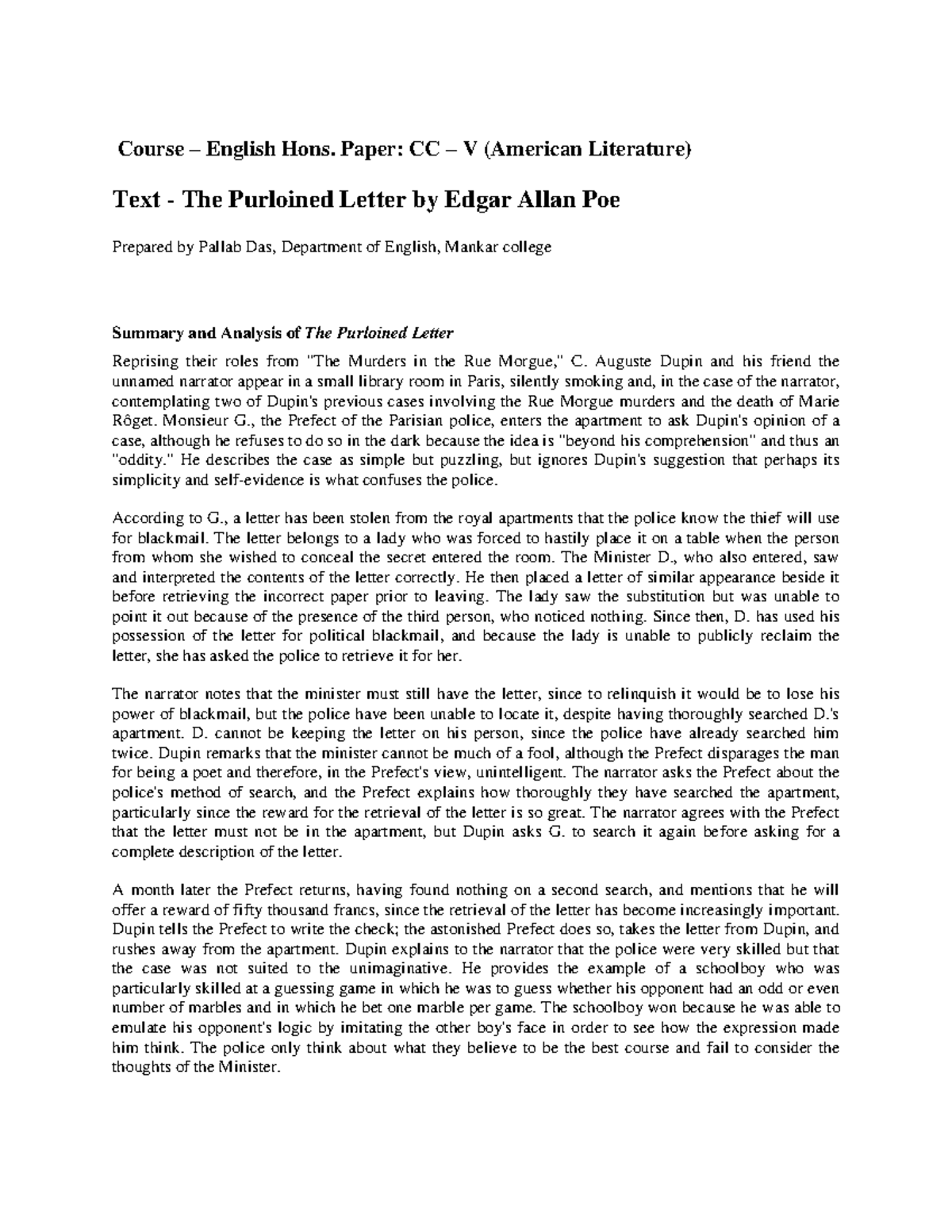 Final Exam Study Guide for ENG Hons. CC-V: The Purloined Letter ...