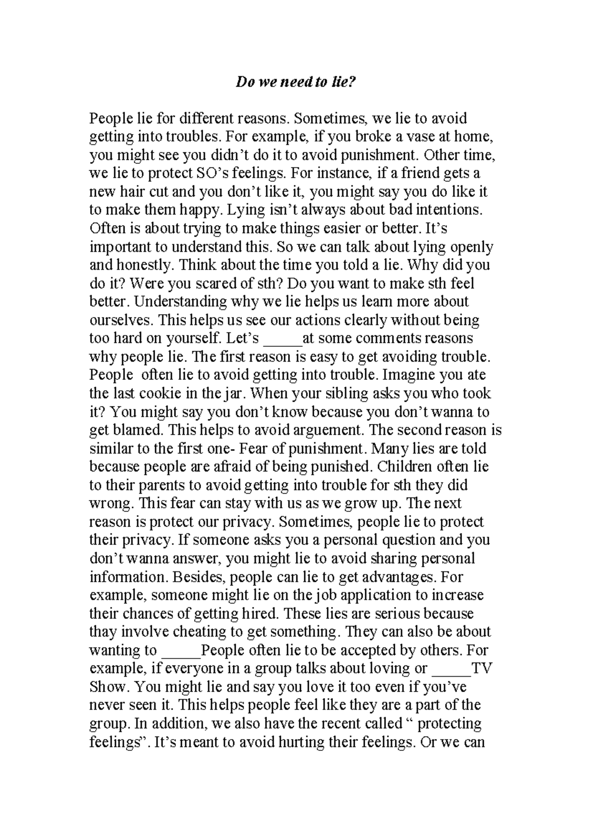 Understanding the Reasons Behind Lying: A Reflective Essay - Studocu