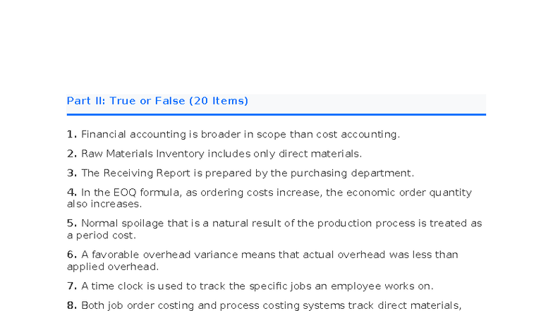 Cost Accounting and Control Reviewer: True or False Questions (20 Items ...