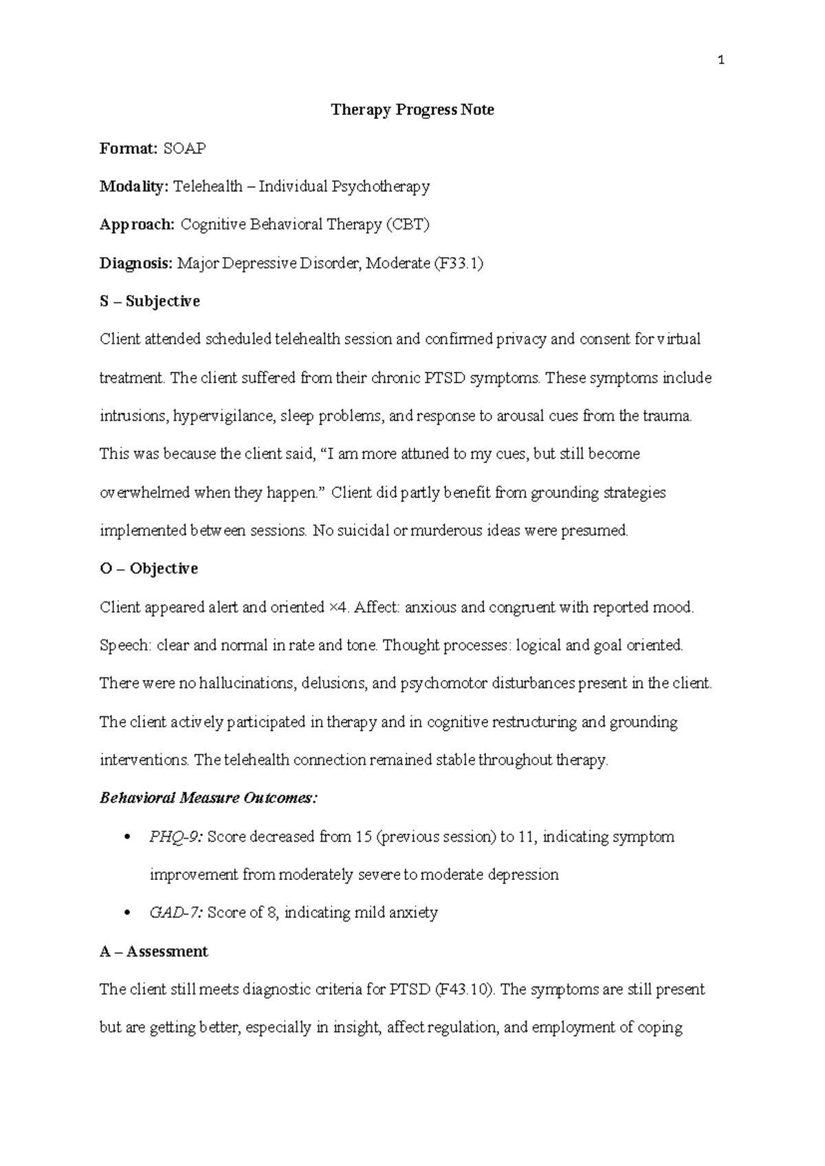 Therapy Progress Note: Telehealth CBT for Major Depression (F33.1 ...