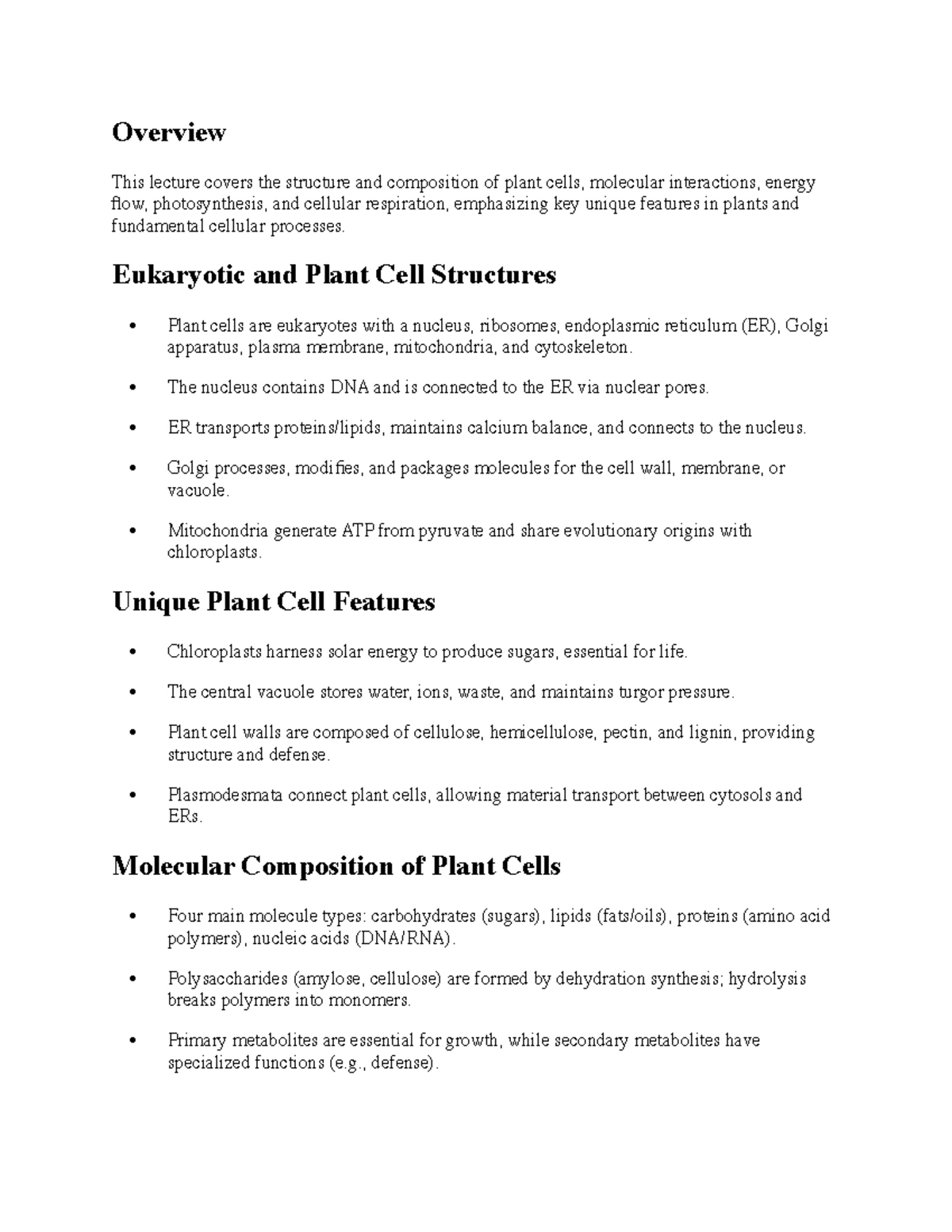Botany 130 Lecture Notes: Plant Cell Structure & Processes - Studocu