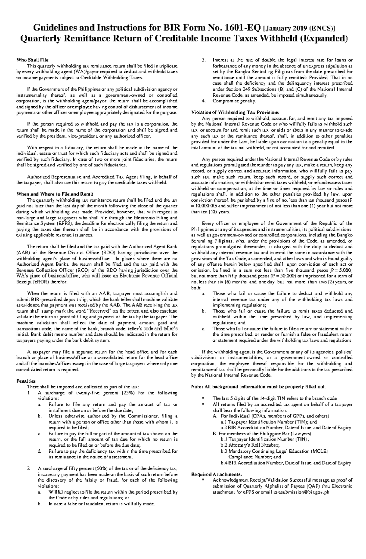 BIR Form No. 2019: Guidelines for Quarterly Remittance Return - Studocu