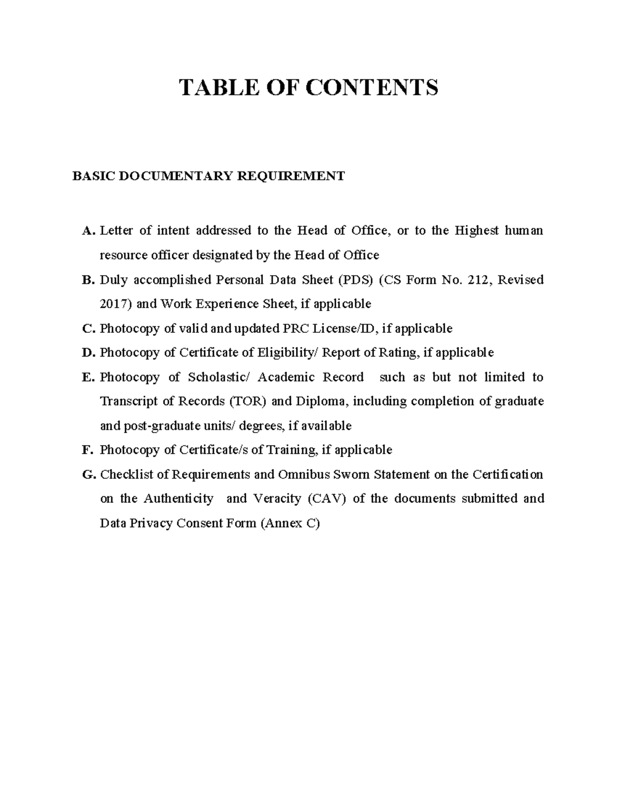 Table of Contents for Documentary Requirements - Science - Studocu