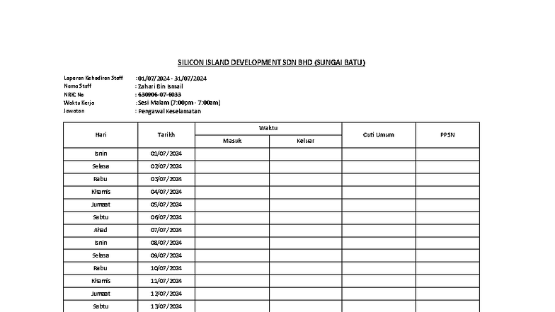July 2024 Attandance List For Zahari Bin Ismail - SILICON ISLAND ...