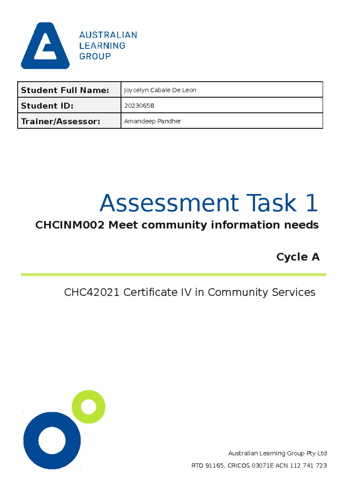 Assessment TASK 1- Chcinm 002-CHC42021- Cycle A-EDU Works-V1.0 2023 - Student Full Name ...