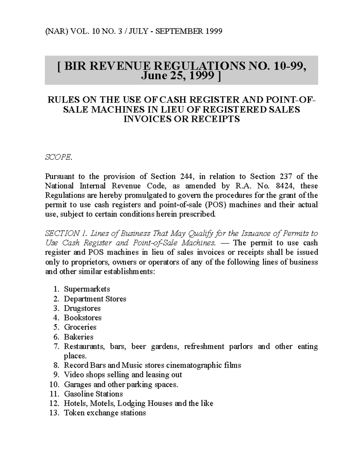 BIR RR 10-99: Guidelines for Cash Registers & POS Machine Use - Studocu