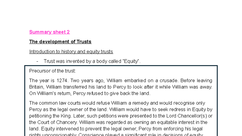Summary Sheet 2: The Development of Trusts in Equity Law - Studocu