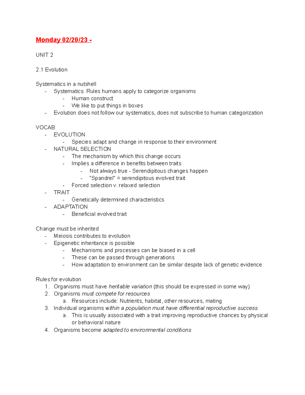 Week 5 - biology - Monday 02/20/23 - UNIT 2 2 Evolution Systematics in ...