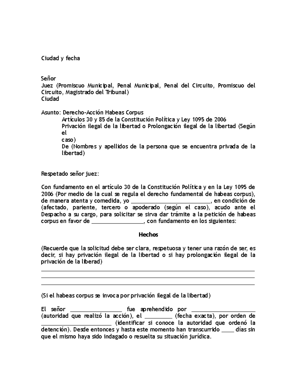Formato de Habeas Corpus - DERECHO (Art. 30 y 85) - Studocu