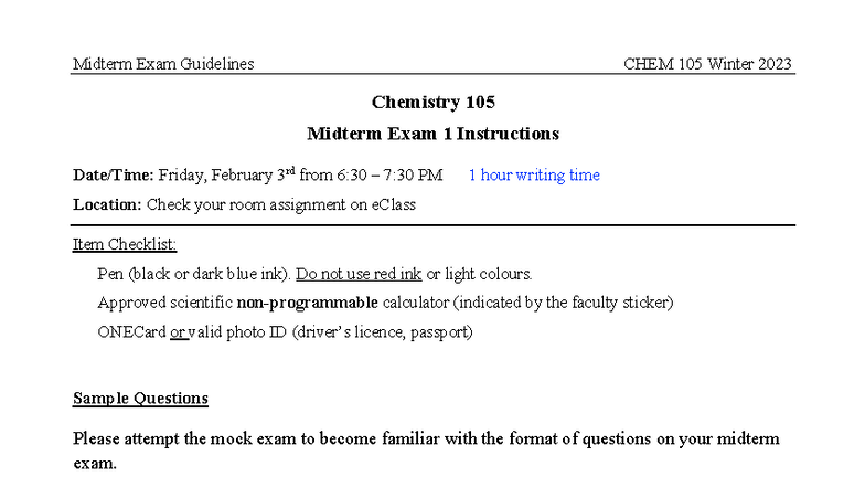 CHEM 105 Winter 2023 Midterm Exam 1 Guidelines & Sample Questions - Studocu