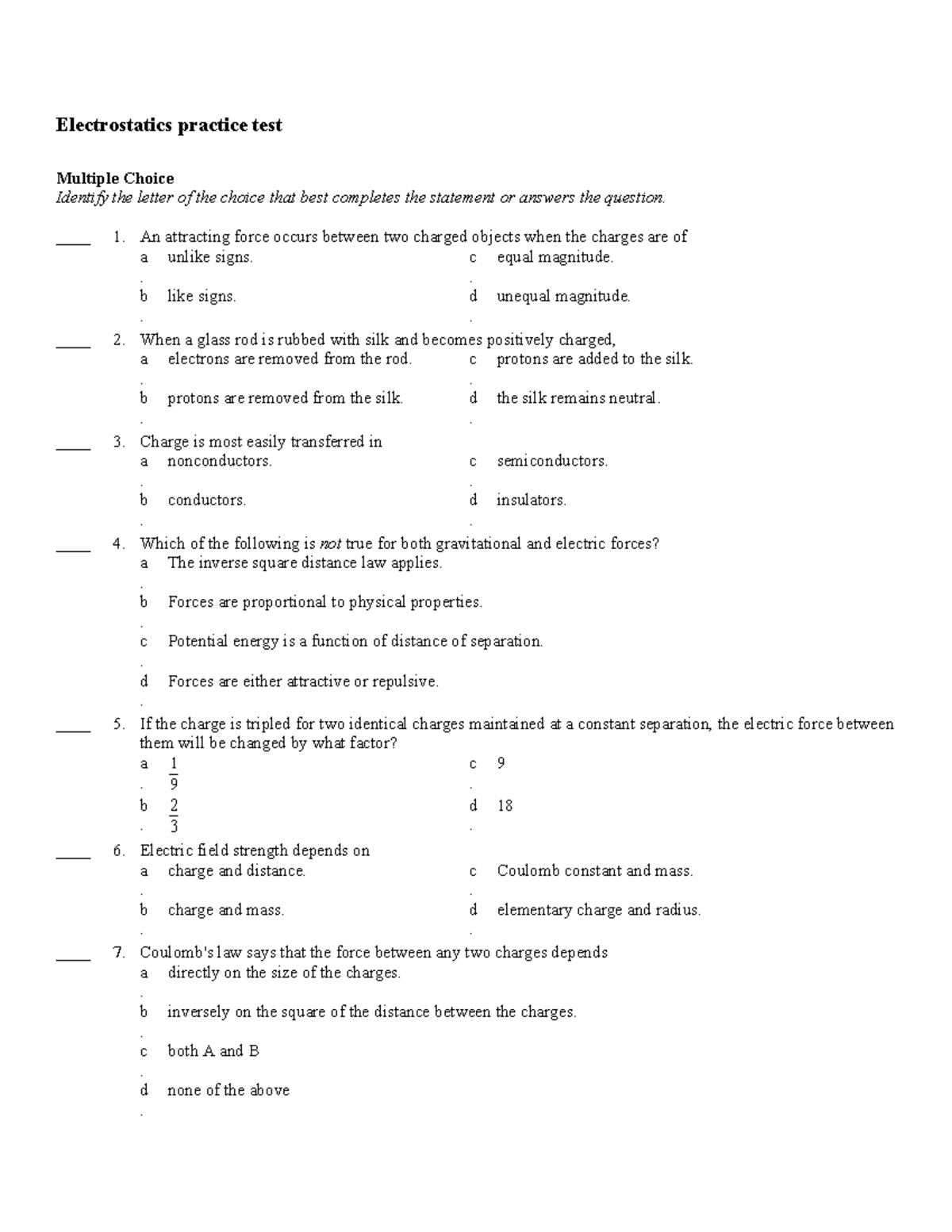 Electrostatics Practice Test (Course Code: PHY101) with Answers - Studocu