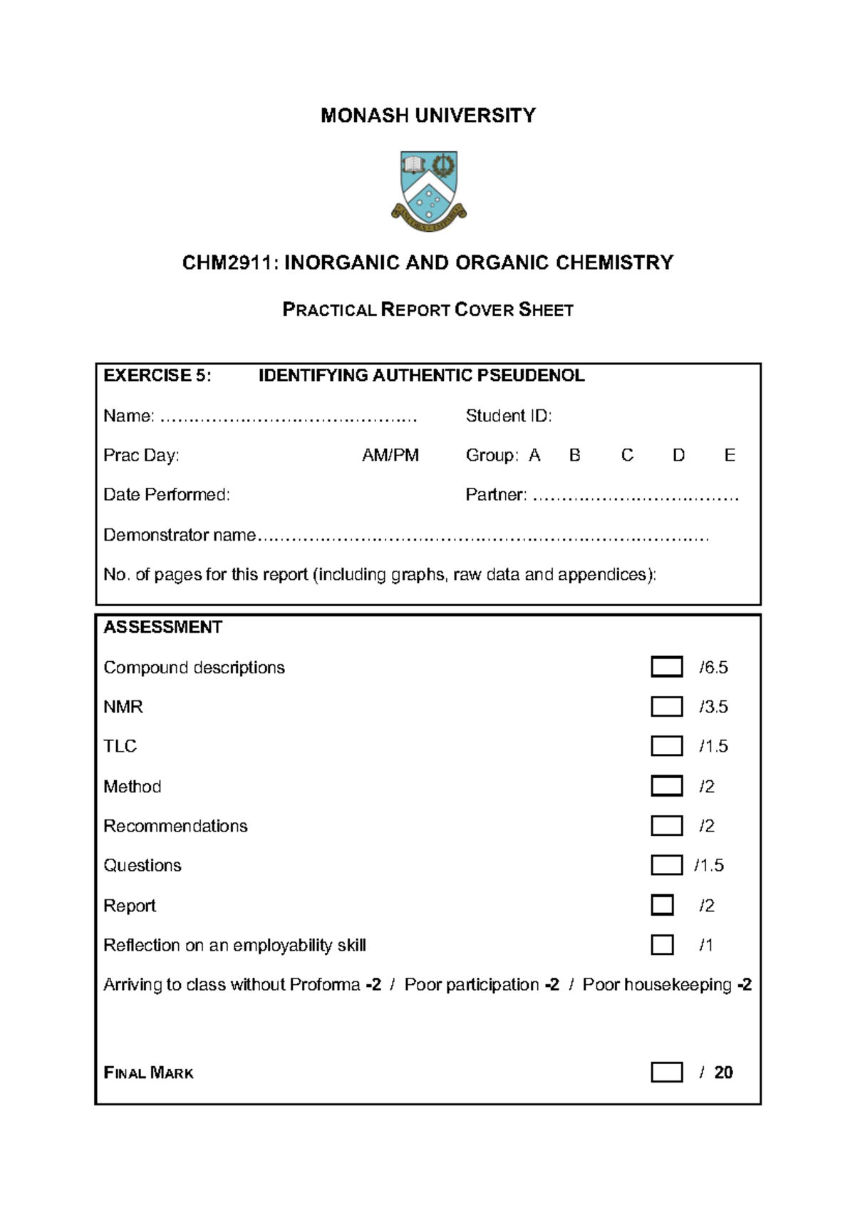 CHM2911: Inorganic & Organic Chemistry Prac Report - Exercise 5 ...