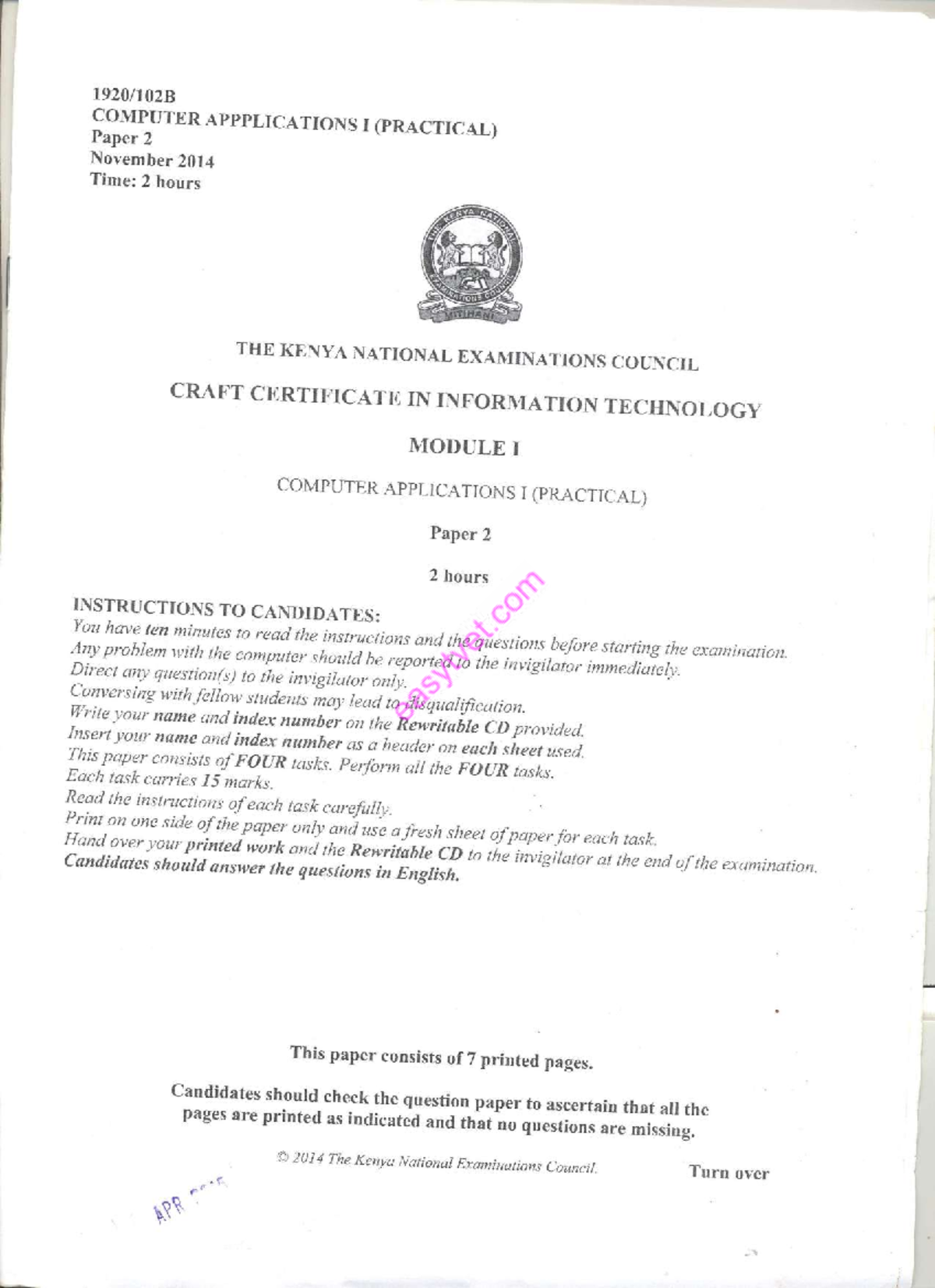 COMPUTER APPLICATIONS I (PRACTICAL) Paper 2 Revision November 2014 ...