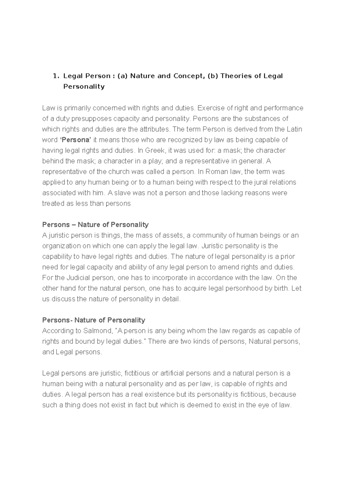 Legal Personality: Nature, Theories, and Kinds - Course LAW101 Notes ...