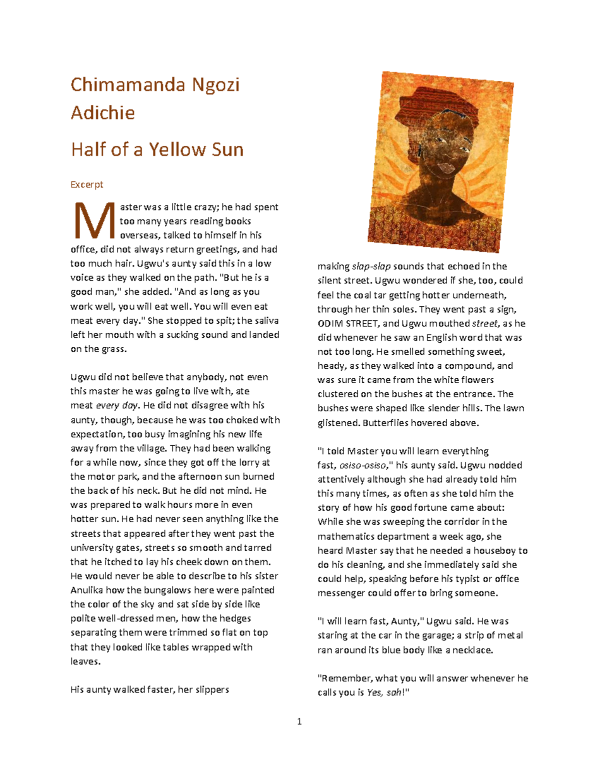 Excerpt Analysis: Half of a Yellow Sun (ENG 101) - Studocu