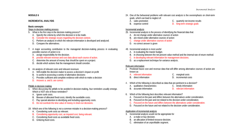 Incremental Analysis: Key Concepts and Decision-Making Steps (MODULE 6 ...