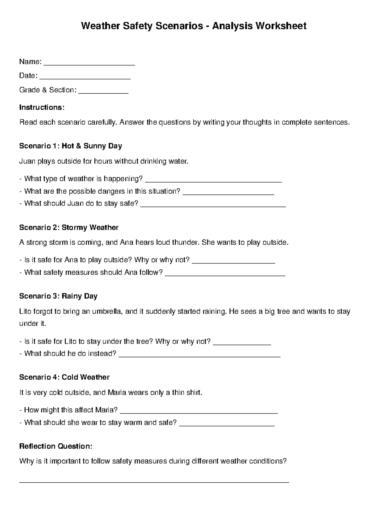 Weather Safety Analysis Worksheet - Weather Safety Scenarios - Analysis ...