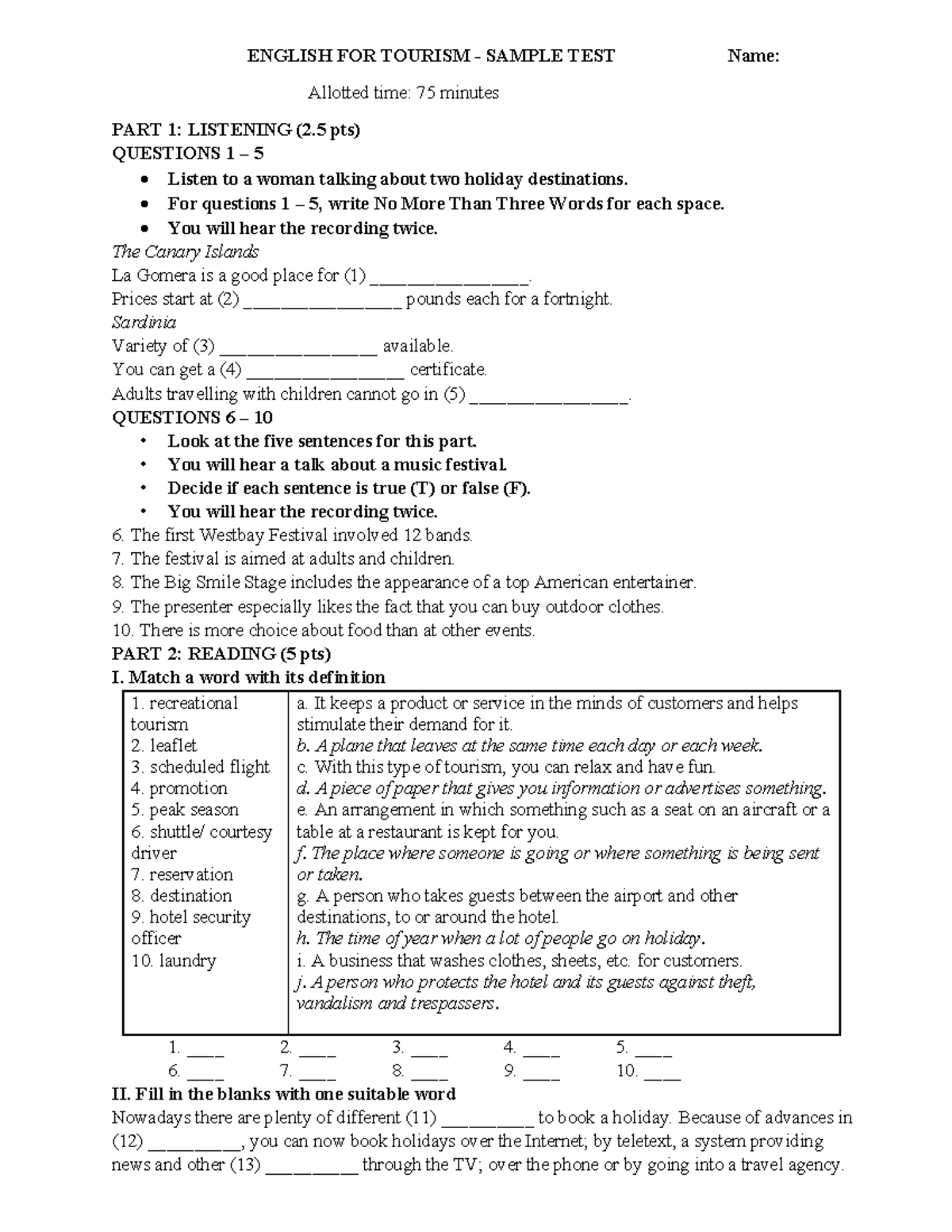 ENGLISH FOR TOURISM SAMPLE TEST - Listening & Reading Practice - Studocu