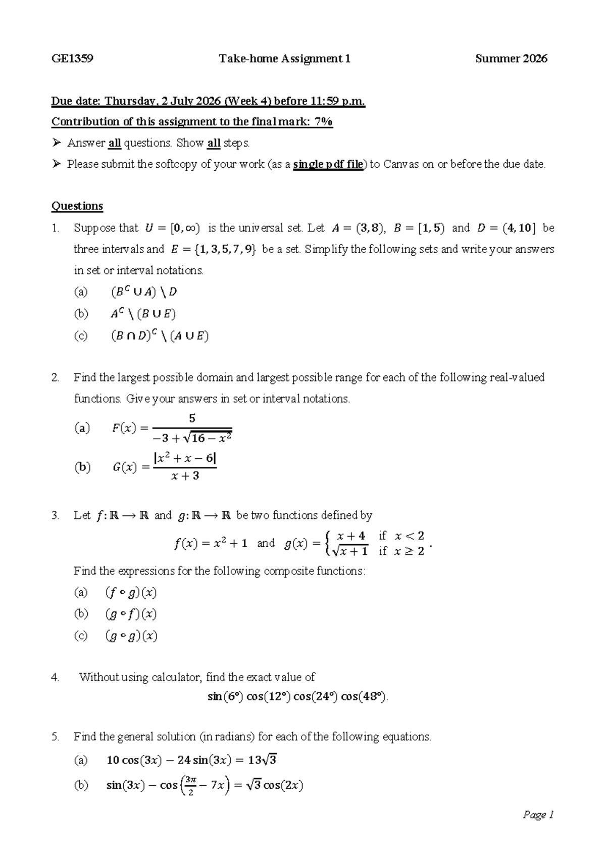 GE1359 Summer 2026 Assignment 1: Set and Function Analysis - Studocu