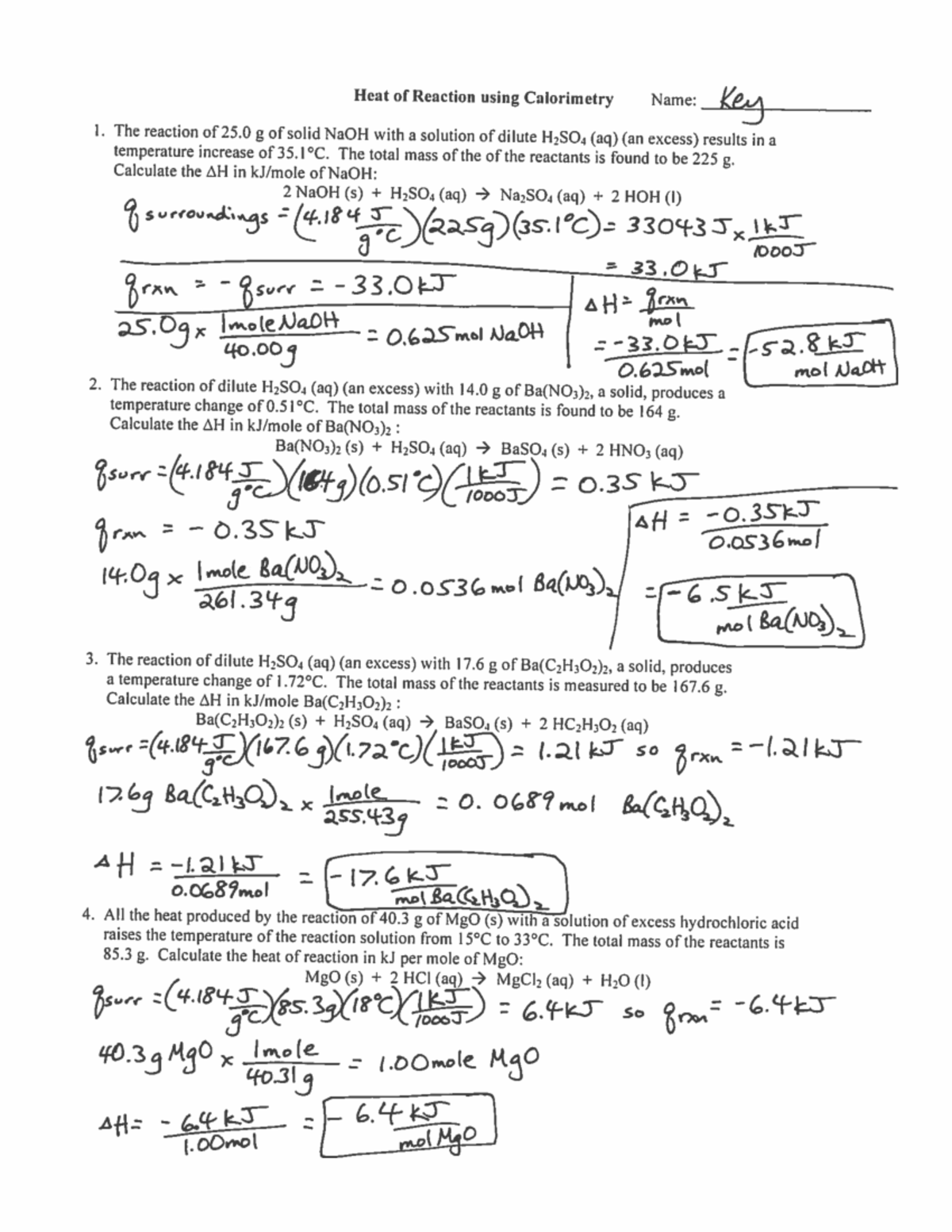 Heat of Reaction Using Calorimetry Key - Heat of Reaction using ...
