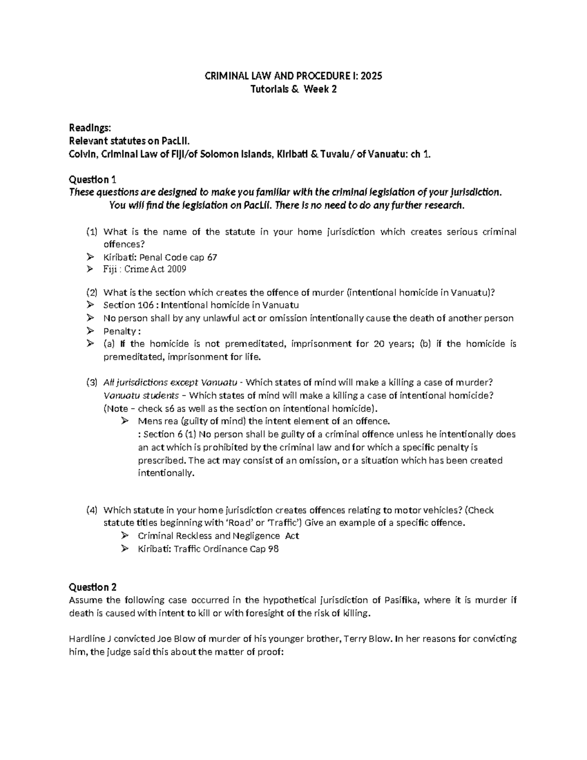 CRIMINAL LAW AND PROCEDURE I: Week 2 Tutorial Readings & Questions ...