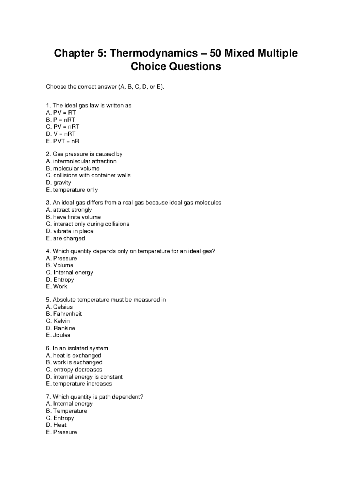 Thermodynamics MCQs: Chapter 5 Review (50 Questions) - Studocu