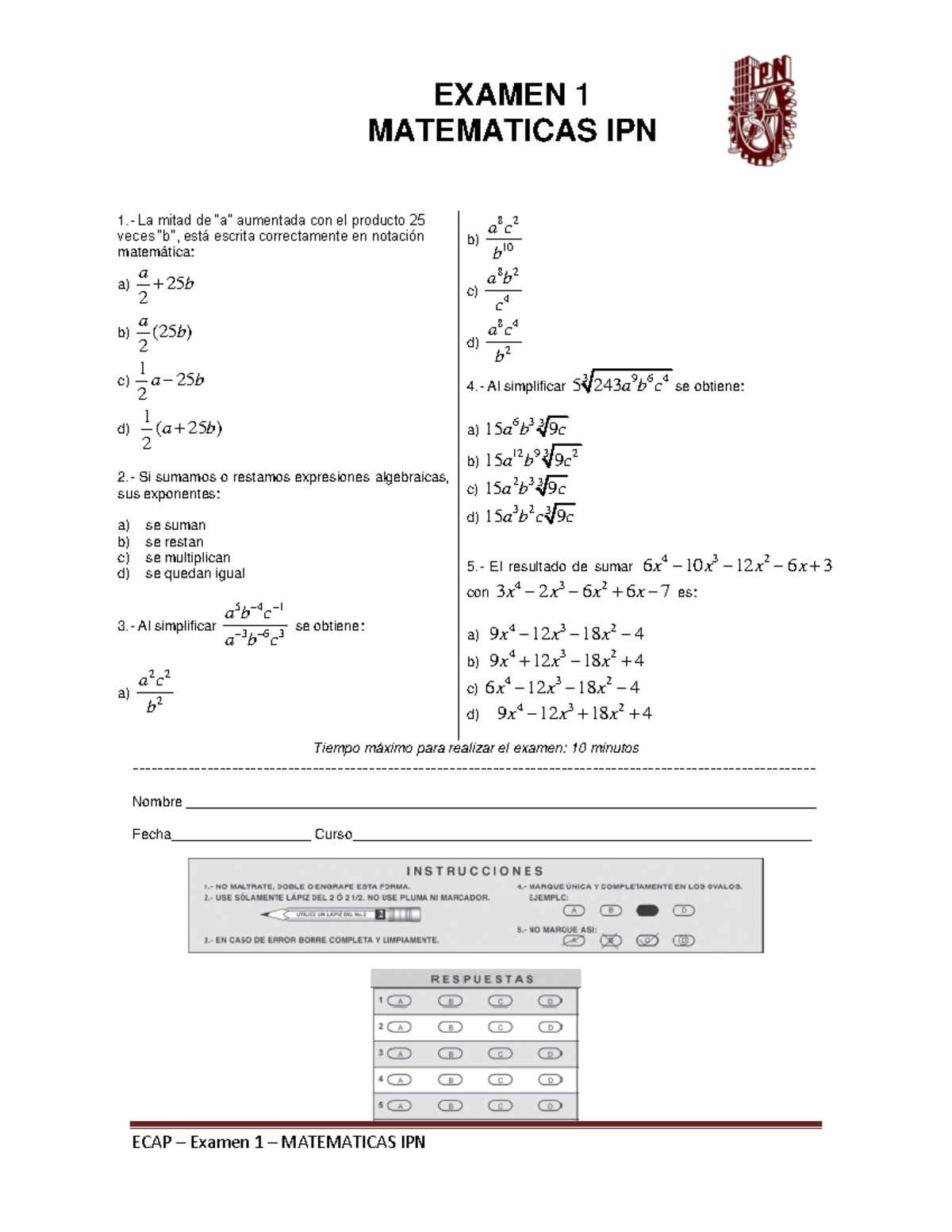 Examen de practica 1 Matemáticas ingreso al IPN - UANL - Studocu