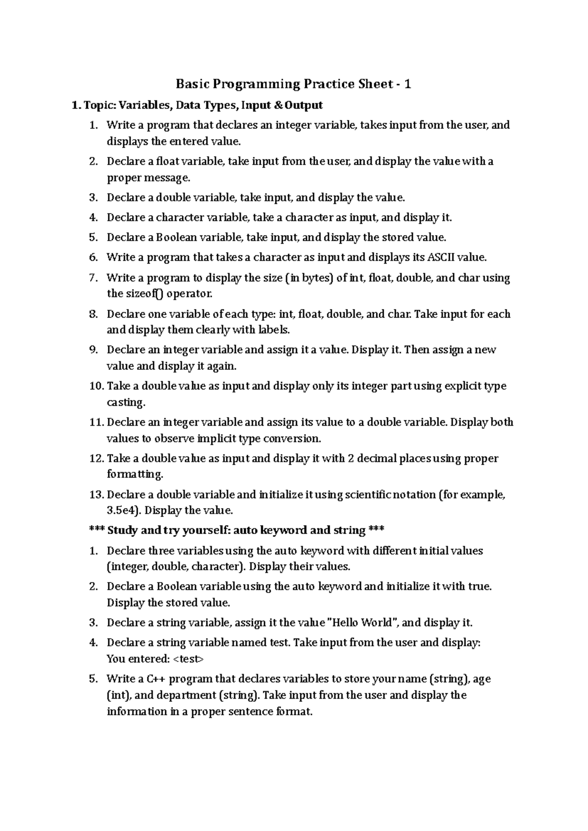 Basic Programming Practice Sheet 1: Variables & Operators - Studocu