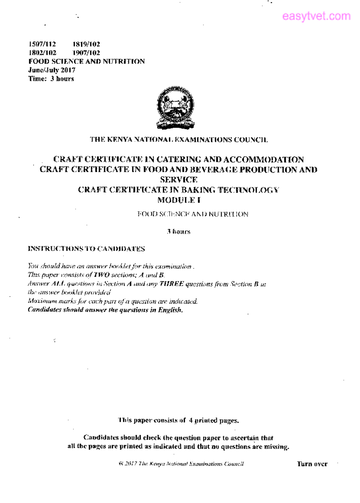 KNEC Food Science & Nutrition Past Exam Paper - Year 2017 - Studocu