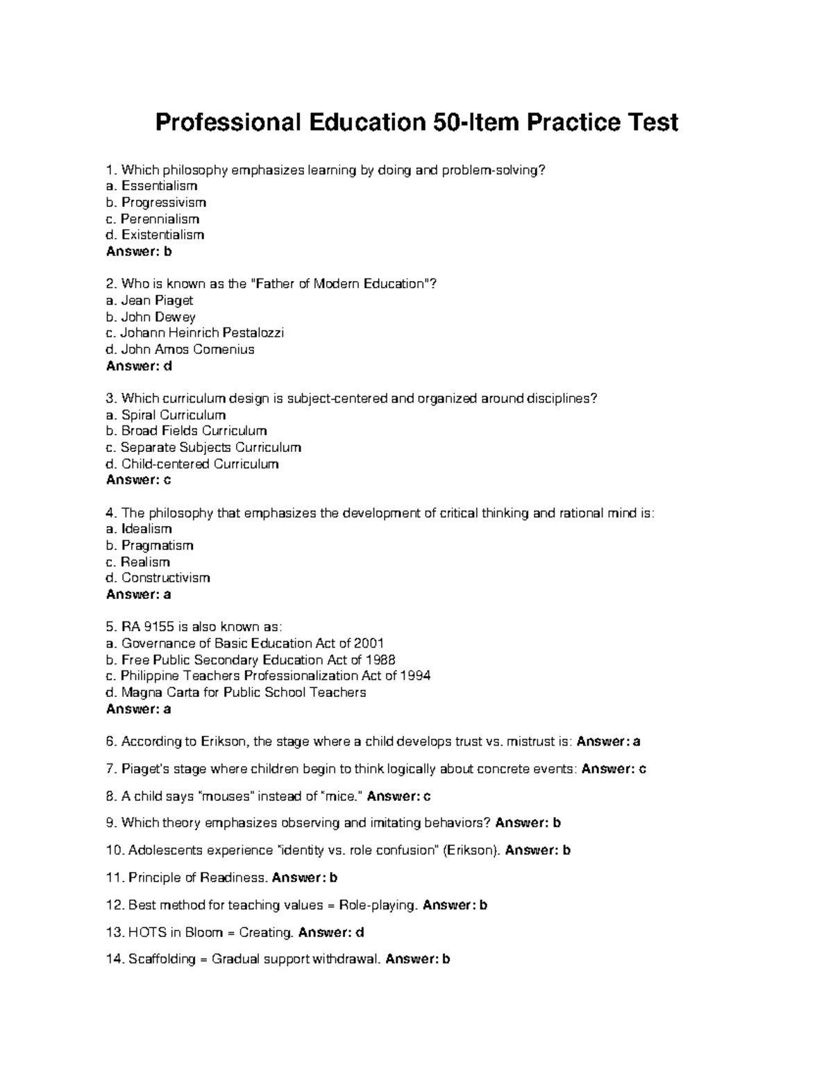 Professional Education Practice Test 1 - Prof Ed 50 Items Notes - Studocu