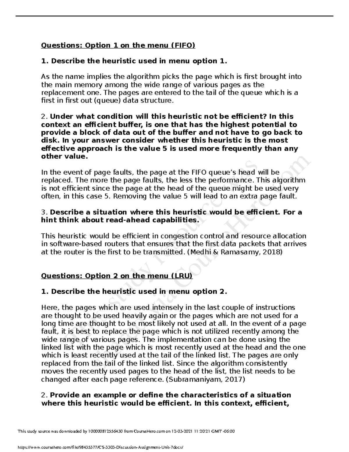 CS 3303 Discussion Assignment Unit 7 - Questions: Option 1 on the menu ...