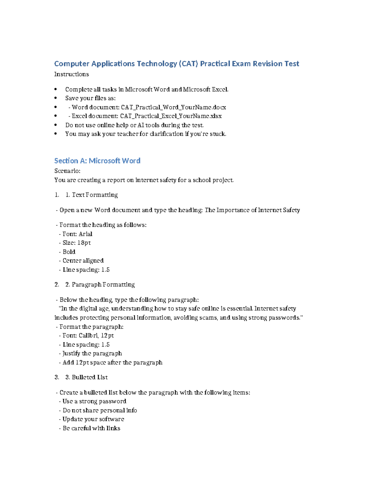 CAT Practical Exam Revision: Microsoft Word & Excel Tasks - Studocu
